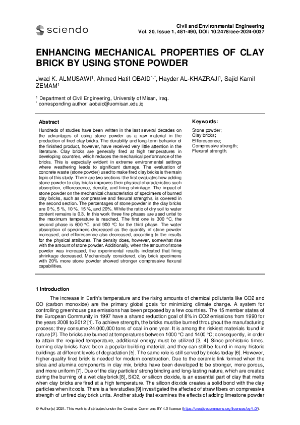 (PDF) ENHANCING MECHANICAL PROPERTIES OF CLAY BRICK BY USING STONE POWDER