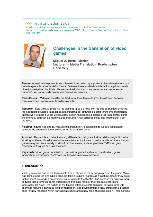 (PDF) Challenges in the translation of video games