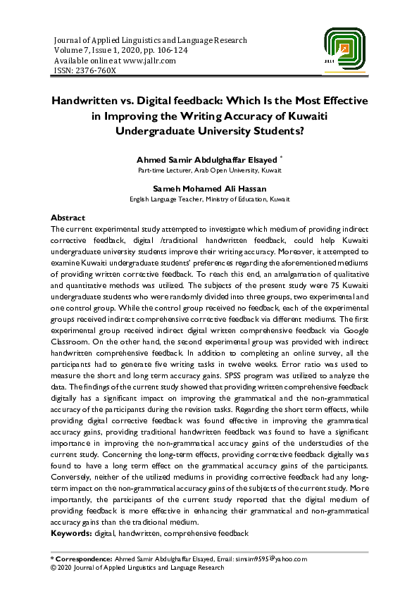(PDF) Handwritten vs. Digital feedback: Which Is the Most Effective in ...