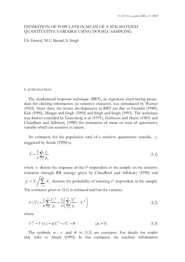 (PDF) Estimation of population mean of a stigmatized quantitative variable using double sampling