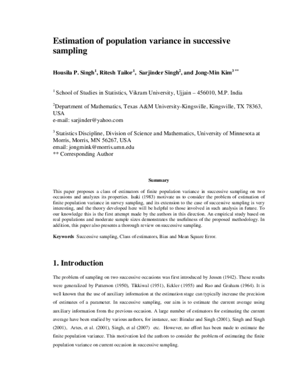 (PDF) Estimation of population variance in successive sampling