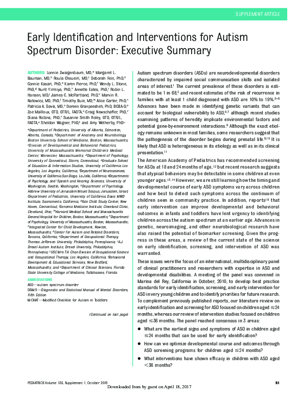(PDF) Early Identification and Interventions for Autism Spectrum Disorder: Executive Summary
