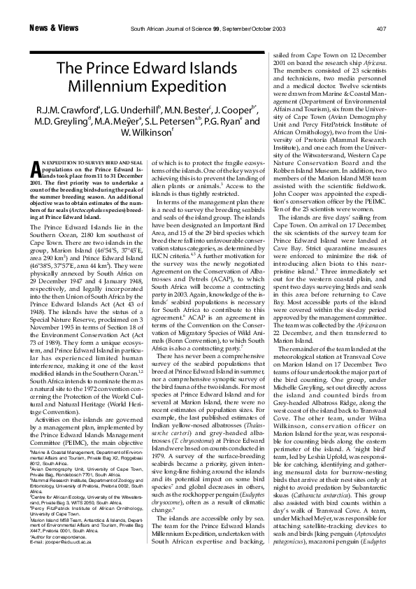 (PDF) The Prince Edward Islands Millennium Expedition