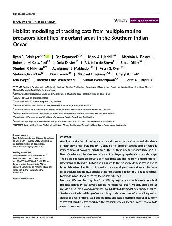 (PDF) Habitat modelling of tracking data from multiple marine predators ...