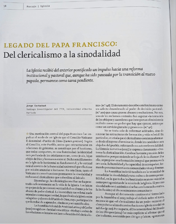 (PDF) El legado del papa Francisco: Del clericalismo a la sinodalidad
