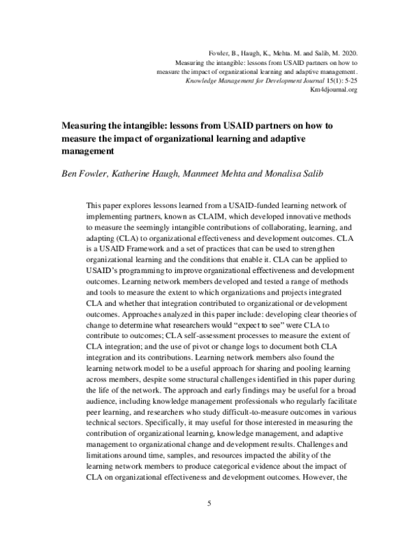 (PDF) Measuring the intangible: lessons from USAID partners on how to ...