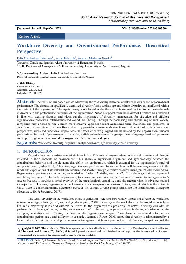 (PDF) Workforce Diversity and Organizational Performance: Theoretical Perspective