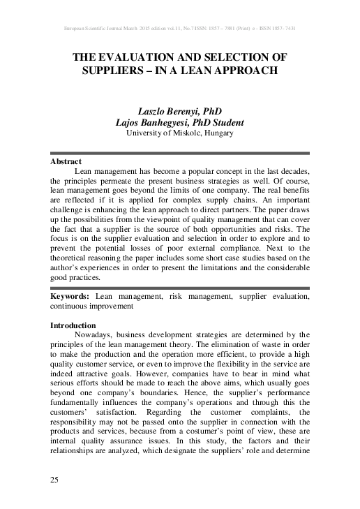 (PDF) The Evaluation and Selection of Suppliers – in a Lean Approach