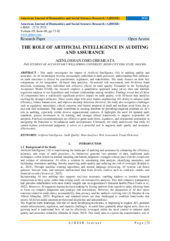 (PDF) THE ROLE OF ARTIFICIAL INTELLIGENCE IN AUDITING AND ASSURANCE