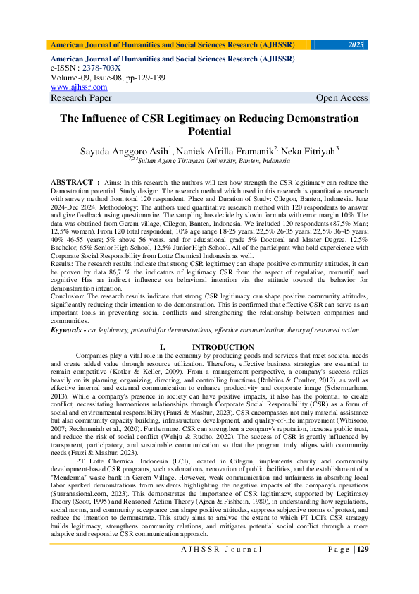 (PDF) The Influence of CSR Legitimacy on Reducing Demonstration Potential