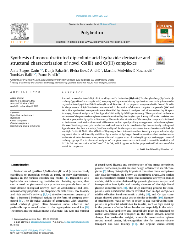 (PDF) Synthesis of monosubstituted dipicolinic acid hydrazide derivative and structural ...