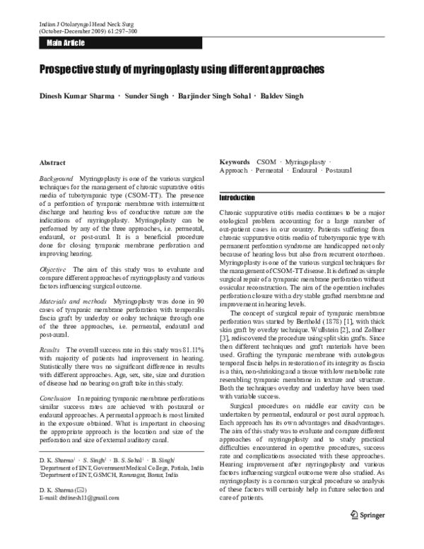 (PDF) Prospective study of myringoplasty using different approaches