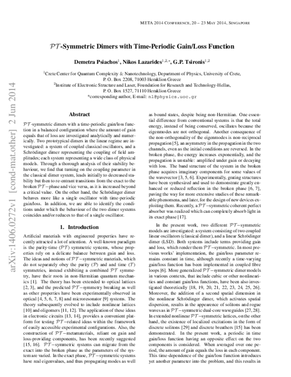 (PDF) $${\mathcal {PT}}$$ PT -symmetric dimers with time-periodic gain/loss function