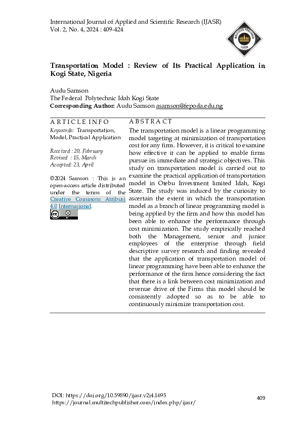 (PDF) Transportation Model : Review of Its Practical Application in ...