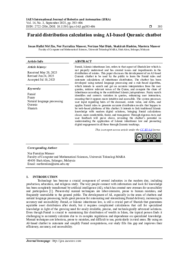 (PDF) Faraid distribution calculation using AI-based Quranic chatbot
