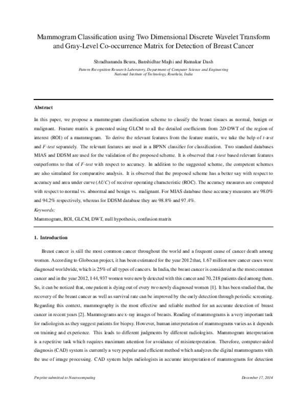 (PDF) Mammogram classification using two dimensional discrete wavelet transform and gray-level ...
