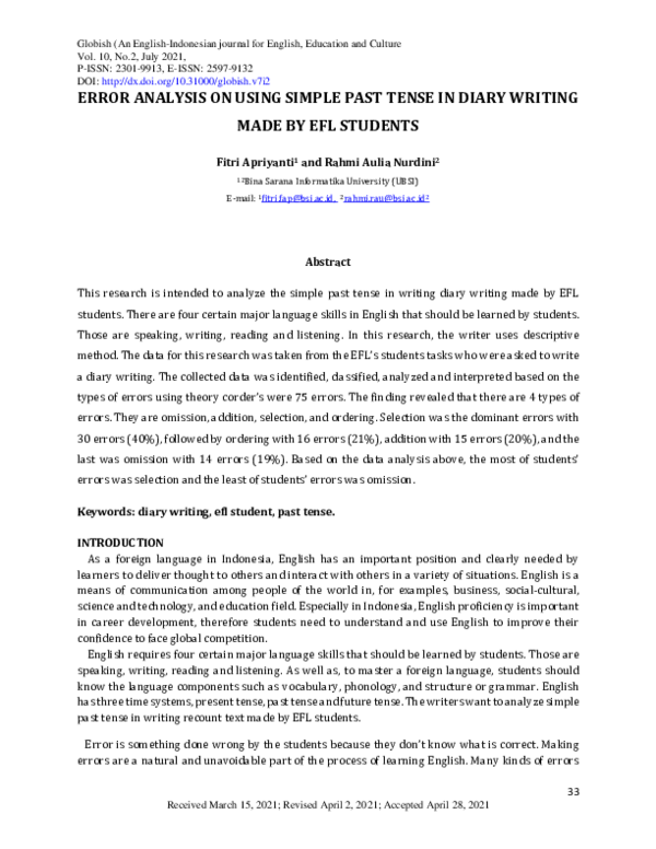 (PDF) Error Analysis on Using Simple Past Tense in Diary Writing Made by Efl Students
