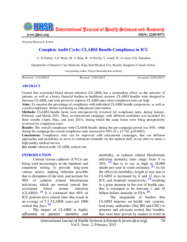 (PDF) Complete Audit Cycle: CLABSI Bundle Compliance in ICU