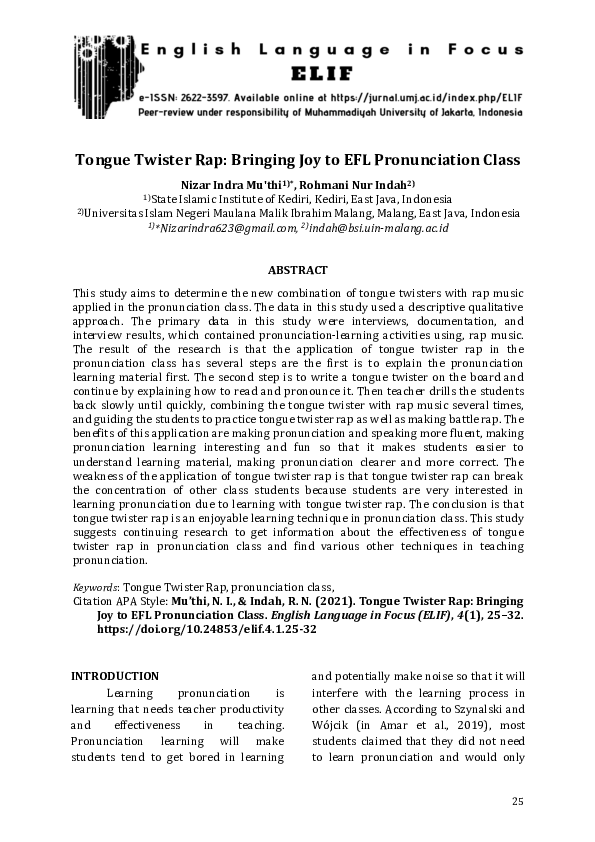 (PDF) Tongue Twister Rap: Bringing Joy to EFL Pronunciation Class