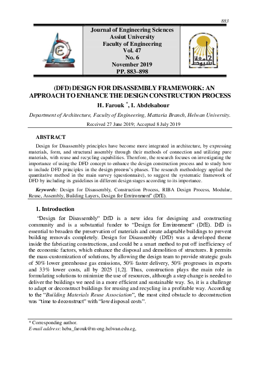 (PDF) (DFD) Design for Disassembly Framework: An Approach to Enhance the Design Construction Process