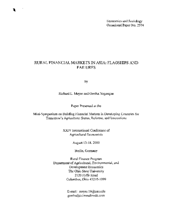 (PDF) Rural Financial Markets in Asia: Flagships and Failures