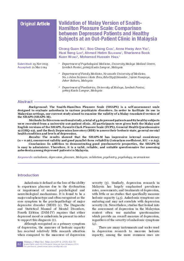 (PDF) Validation of Malay Version of Snaith-Hamilton Pleasure Scale ...