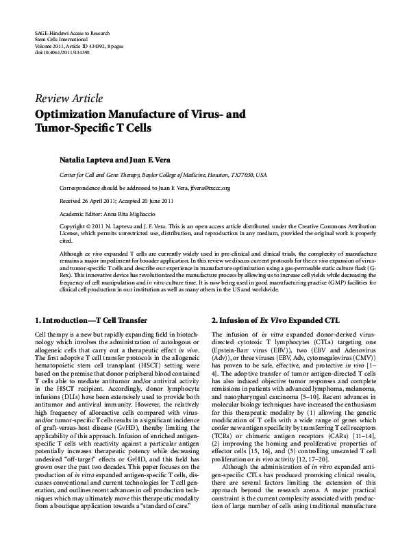 (PDF) Optimization Manufacture of Virus- and Tumor-Specific T Cells