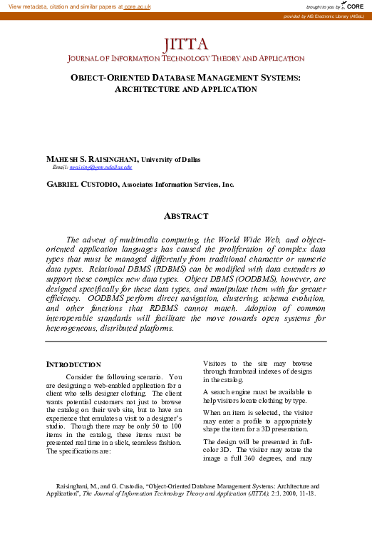 (PDF) Object Oriented Database Management Systems: Architecture and Application