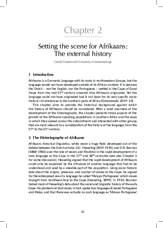 (PDF) Setting the Scene for Afrikaans: The External History