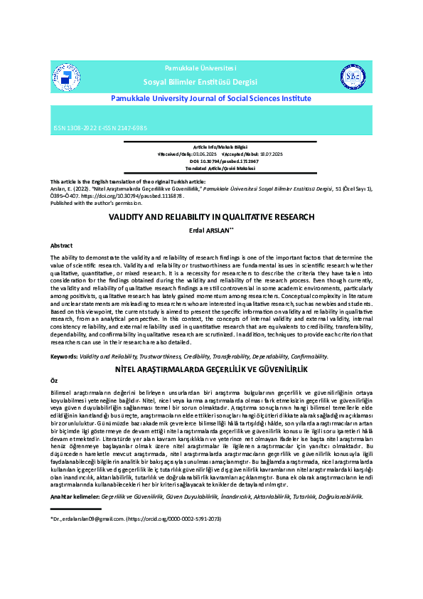 (PDF) VALIDITY AND RELIABILITY IN QUALITATIVE RESEARCH