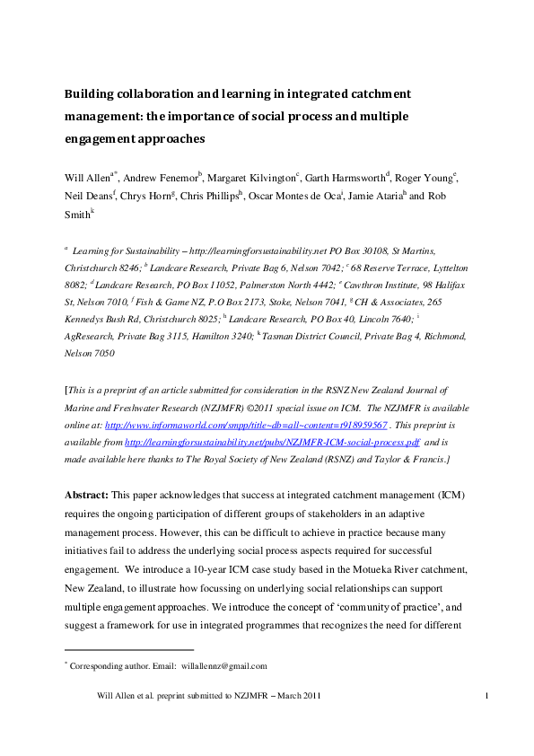 (PDF) Building collaboration and learning in integrated catchment management: the importance of ...