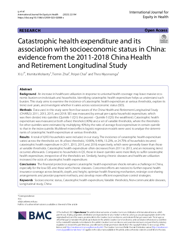 (PDF) Catastrophic health expenditure and its association with socioeconomic status in China ...