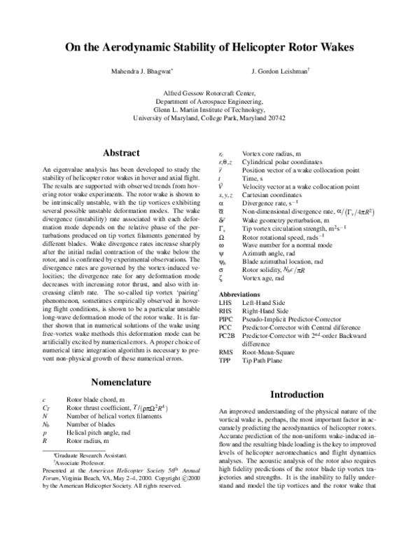 (PDF) On the Aerodynamic Stability of Helicopter Rotor Wakes