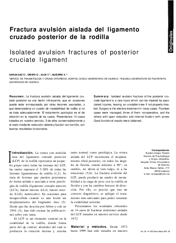 (PDF) Fractura avulsión aislada del ligamento cruzado posterior de la ...