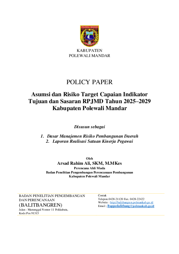 (PDF) Policy Paper Asumsi dan Resiko Target Capaian Tujuan dan Sasaran ...