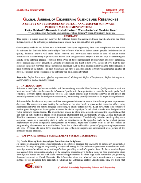 (PDF) A Survey on Techniques of Defect Analysis for Software Project ...
