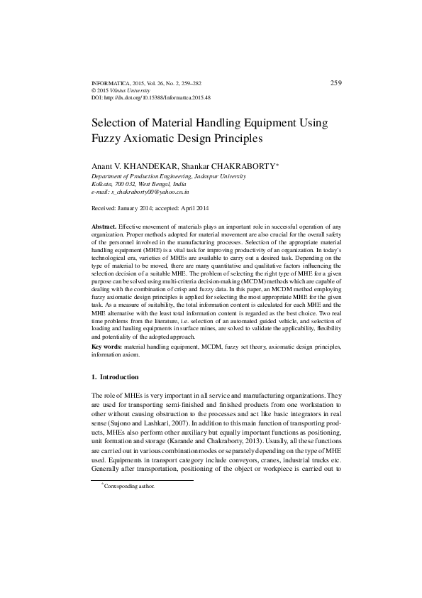 (PDF) Selection of Material Handling Equipment Using Fuzzy Axiomatic ...