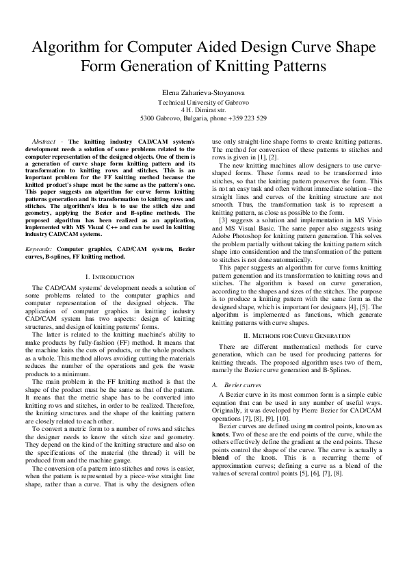 (PDF) Algorithm for Computer Aided Design Curve Shape Form Generation of Knitting Patterns