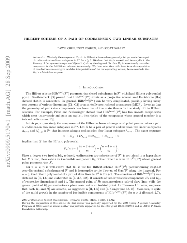 (PDF) Hilbert Scheme of a Pair of Codimension Two Linear Subspaces