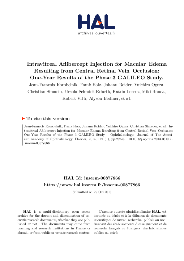 (PDF) Intravitreal Aflibercept Injection for Macular Edema Resulting ...