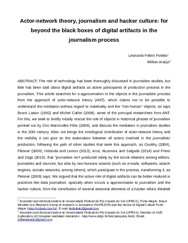 (PDF) Actor-network theory , journalism and hacker culture : for beyond ...