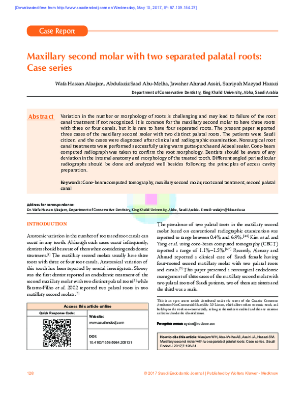 (PDF) Maxillary second molar with two separated palatal roots: Case series