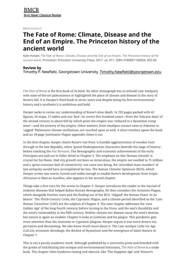 (PDF) Review of Kyle Harper, The Fate of Rome: Climate, Disease and the ...