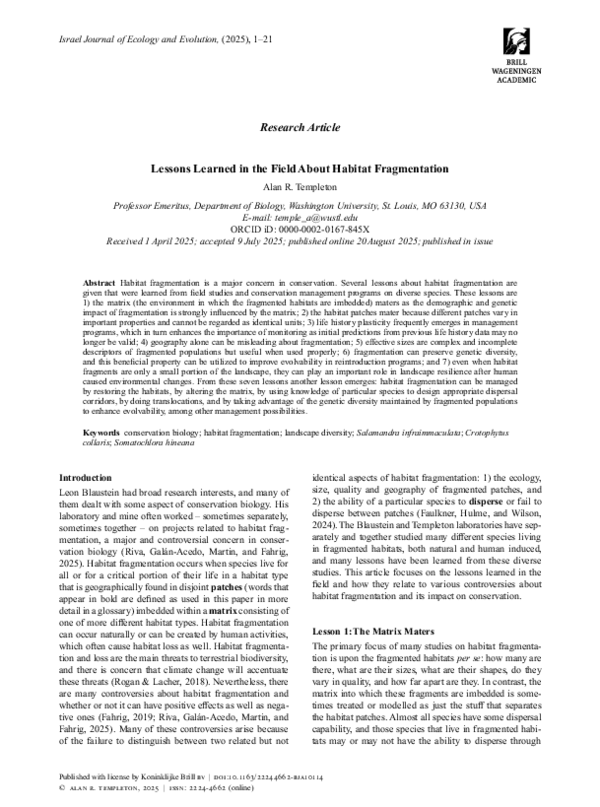 (PDF) Lessons Learned in the Field About Habitat Fragmentation