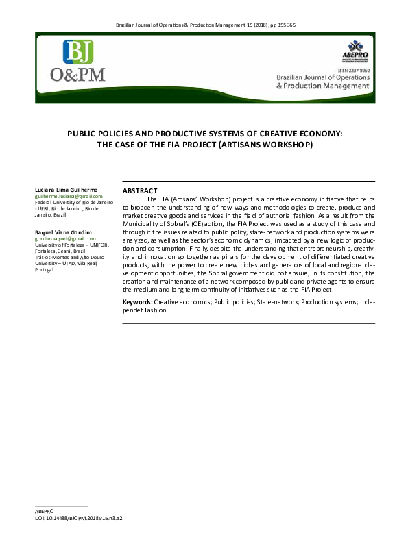 (PDF) Public policies and productive systems of creative economy: the ...