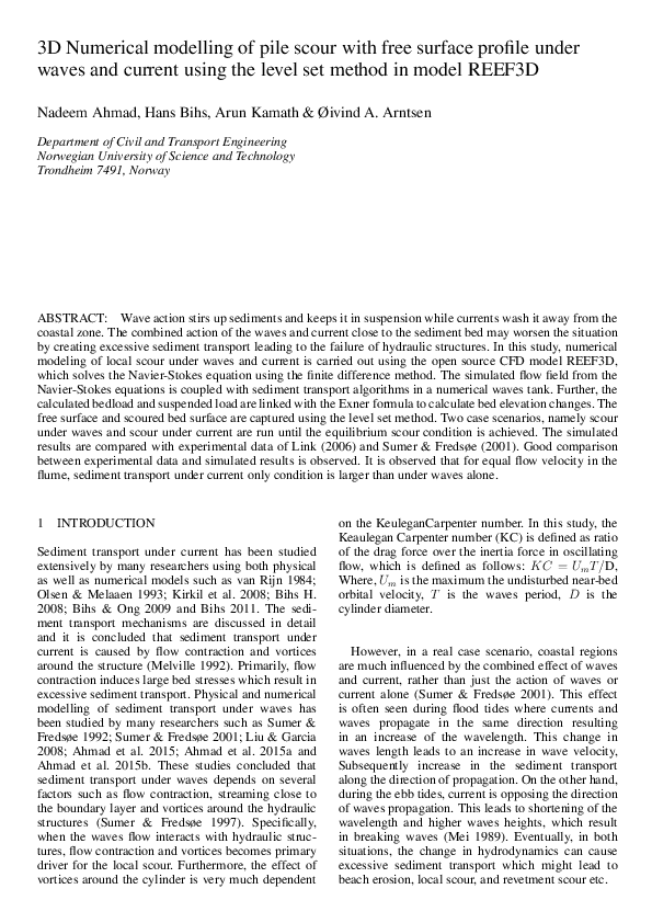 (PDF) 3D Numerical modelling of pile scour with free surface profile under waves and current ...