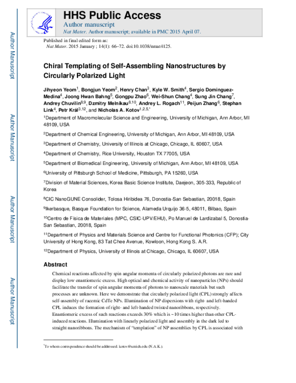 (PDF) Chiral templating of self-assembling nanostructures by circularly polarized light
