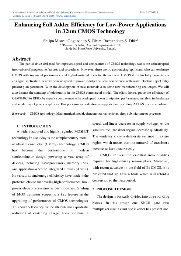 (PDF) Enhancing Full Adder Efficiency for Low-Power Applications in 32nm CMOS Technology