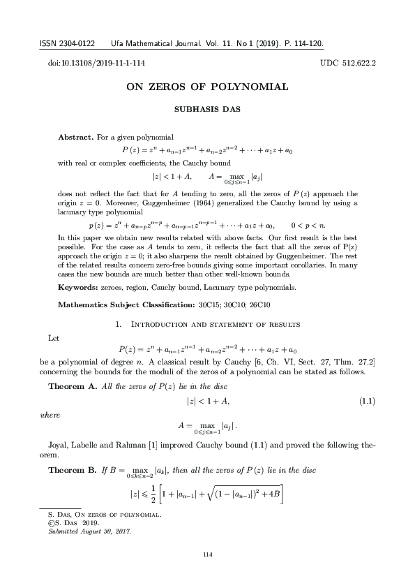 (PDF) On zeros of polynomial