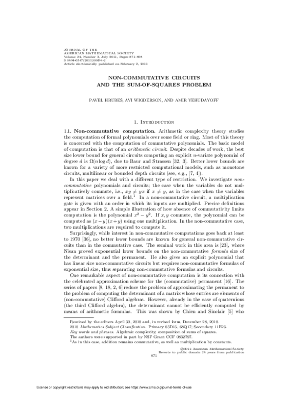 (PDF) Non-commutative circuits and the sum-of-squares problem
